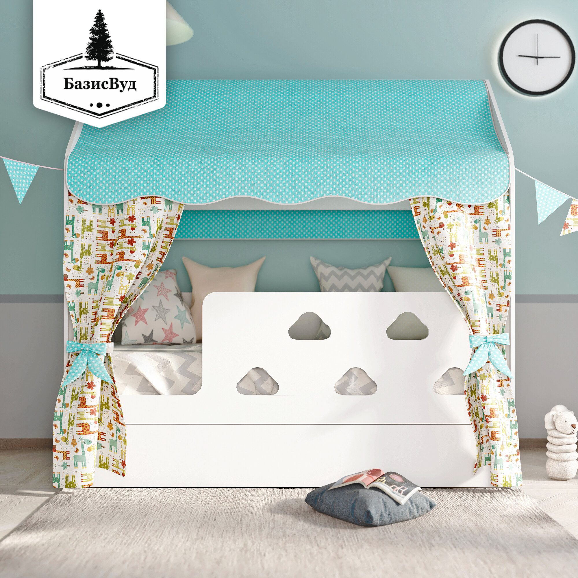 Кровать детская домик с текстилем и ящиком (бирюзовый, с жирафиками) "Облачка"