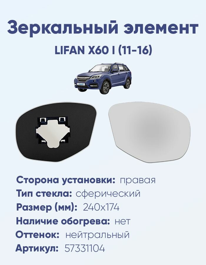 Зеркальный элемент правый LIFAN X60 I (11-16) сфера нейтральный без обогрева внимание крепление элемента может быть другим "круглое" сравните перед заказом