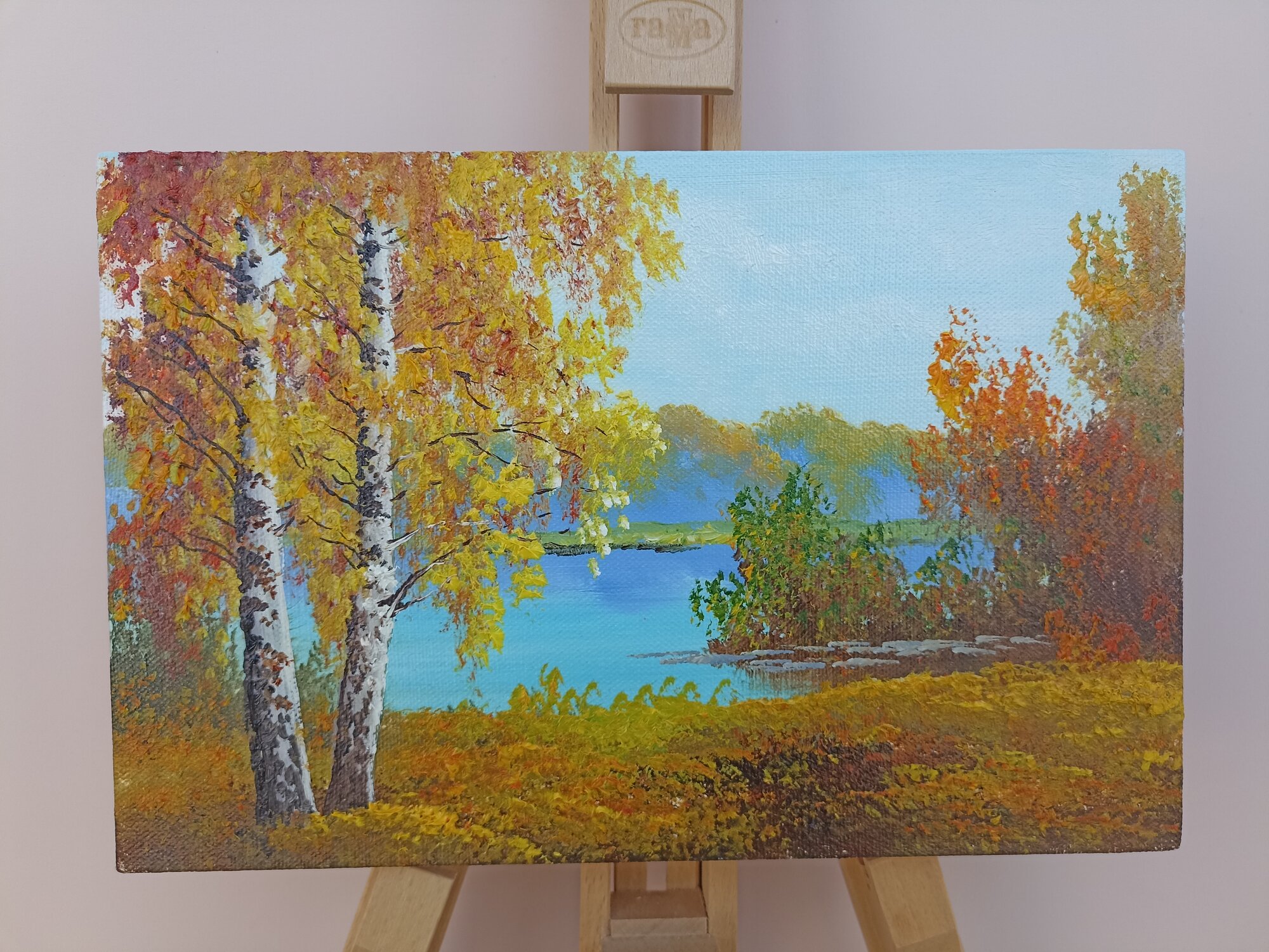 100% ручная работа, 100% живопись. Худ. Мастерская Грëзы. Картина масло/холст. Осенний пейзаж. Река. Берёзки. 20х30 см.