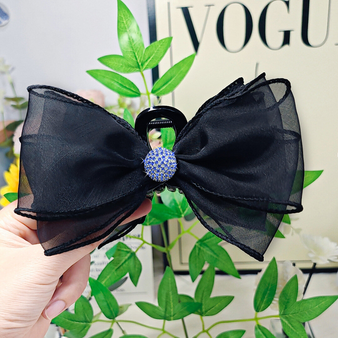 Заколка для волос "Акула", трехслойная, со стразами, бантом и горным хрусталем