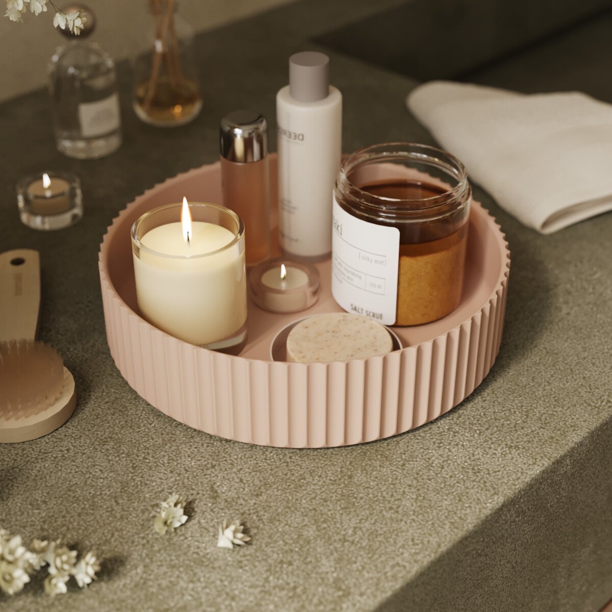 Декоративный поднос для ванной, подставка для косметики Chloe High M 20x5см, бетон, розовый матовый
