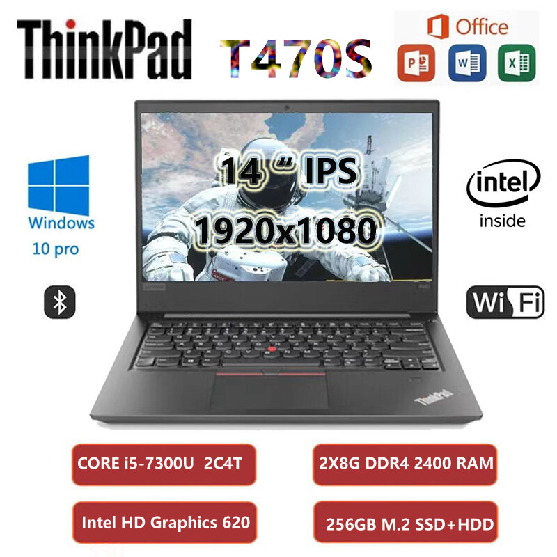 Подержанный ноутбук 14" LENOVO Thinkpad T470S ( Intel CORE i5-7300U CPU+2X8G RAM+256G M.2 NVME SSD+Intel HD Graphics 620 Видеокарта ; 1920X1080 IPS ) Win 10 pro
