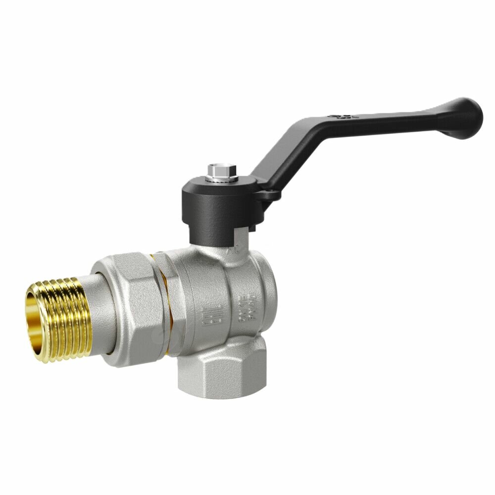 Кран шаровой латунь никель угловой Pride Ду 15 Ру40 ВР/"американка" рычаг черный LD 47.207.15