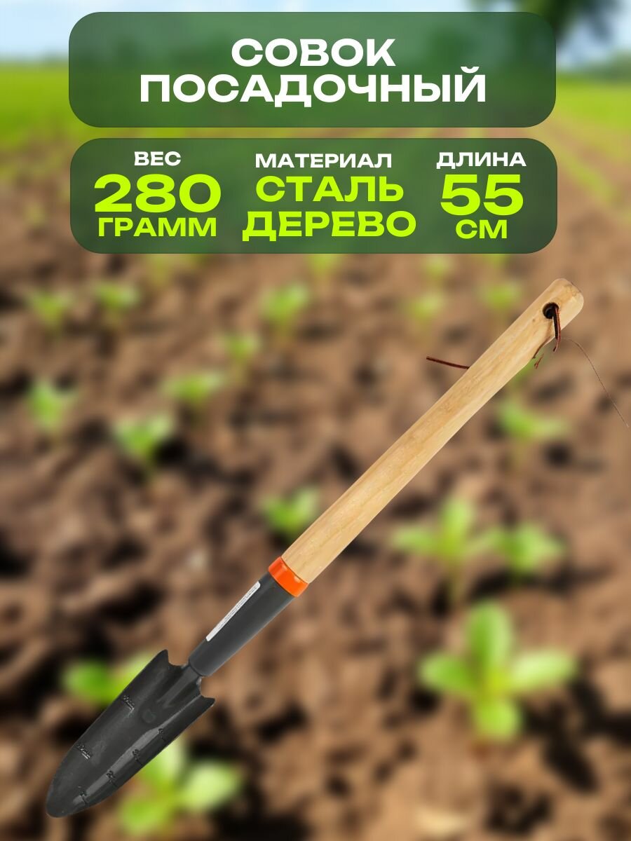 Совок посадочный, 55 см, деревянный черенок, сталь: для посадки и пересадки растений в домашних условиях, на садовом участке