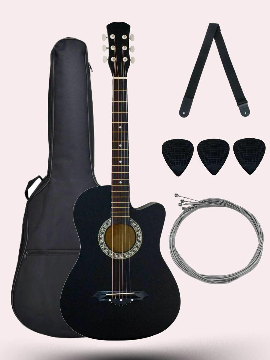 Акустическая гитара матовая, черная. Размер 7/8 (38 дюймов) В комплекте: Чехол, Ремень, 6 Струн, Медиаторы, Гитара JD3820 BK
