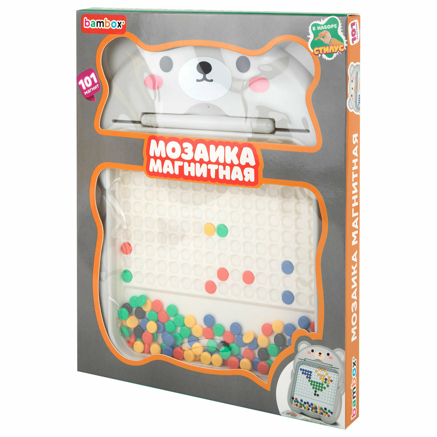 Мозаика магнитная развивающая для детей "Медвежонок", стилус, 101 магнит, 10 карточек, BAMBOX, 665891