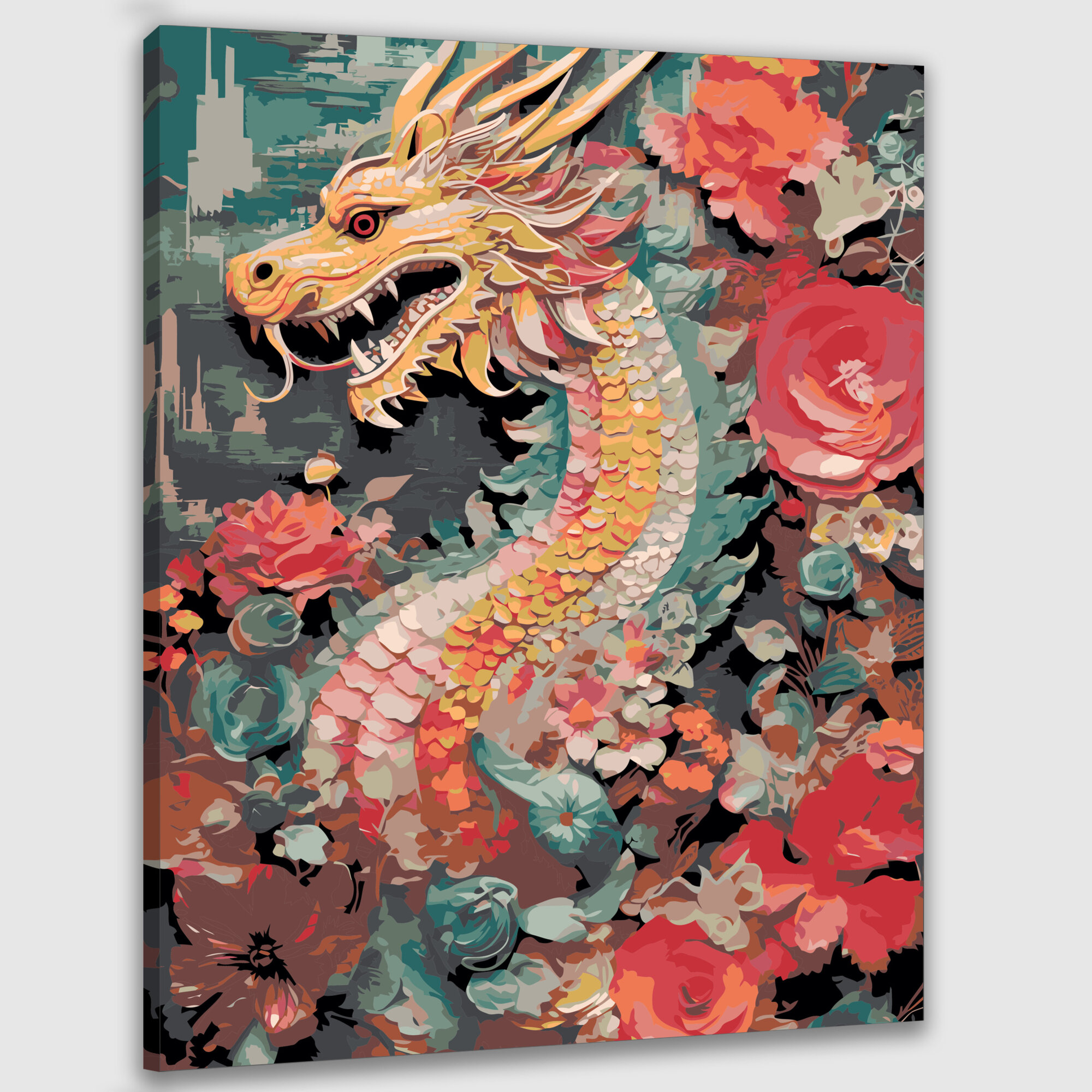 Картина по номерам 40x50 см, картина, коллаж, смешанная техника, деревянный дракон, амулет, счастье