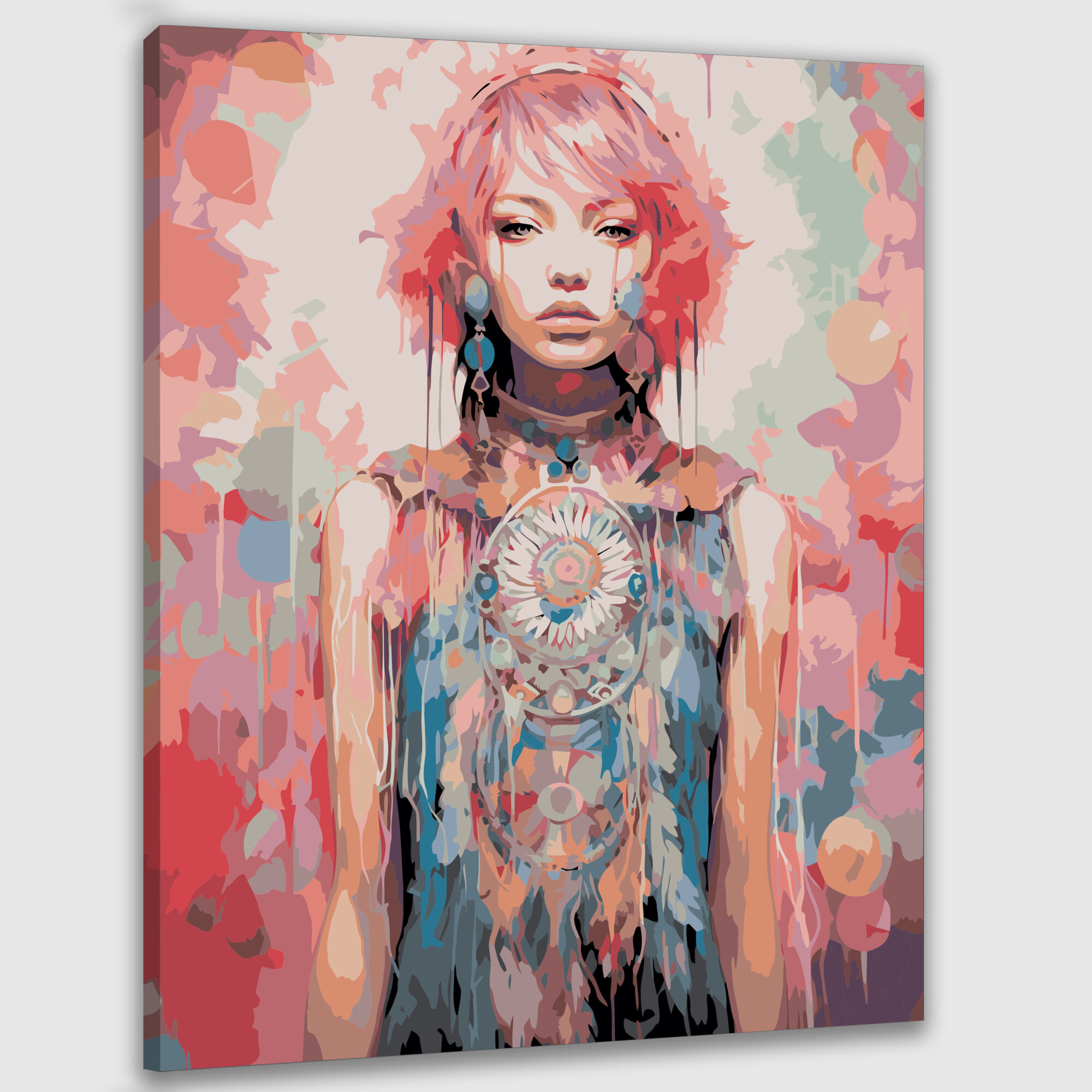 Картина по номерам 40x50 см, девушка, ловец снов, ярко-розовый, смешанная техника, калейдоскоп цветов, узоры