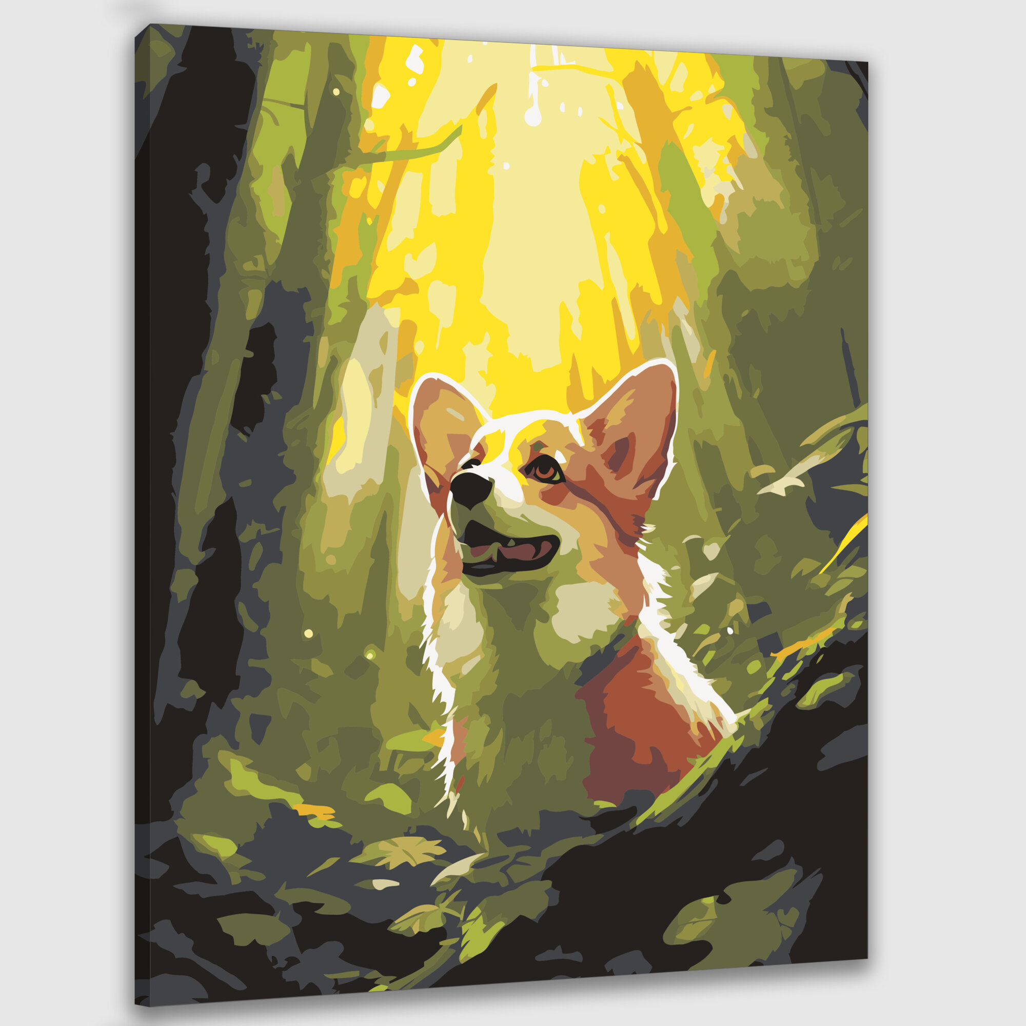 Картина по номерам 40x50 см, картина, цифровая, корги, лес, деревья, листья, свет, волшебство, мистический, игривый