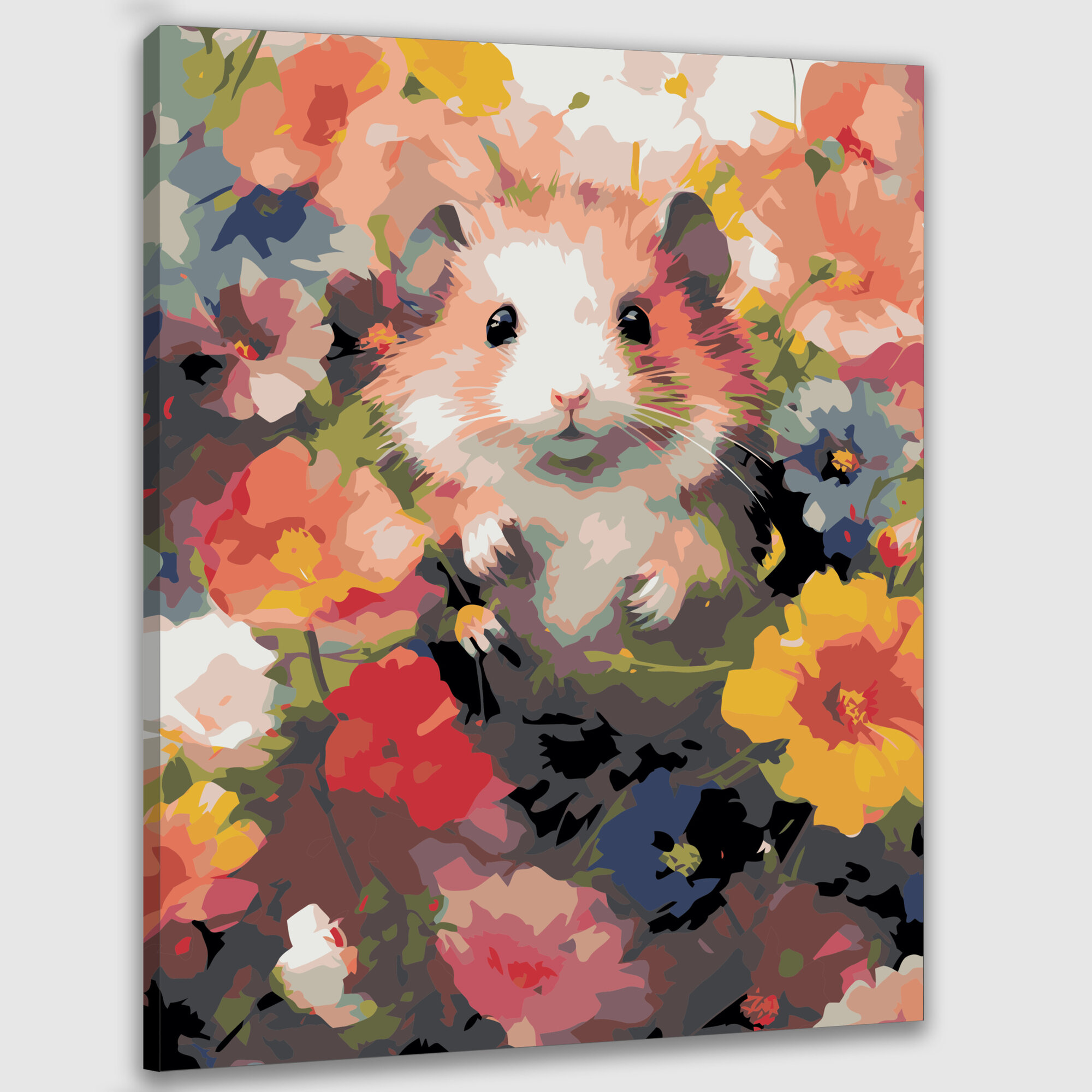 Картина по номерам 40x50 см, акварельная картина, хомячок, сад, цветы, лепестки, лапки, мордочка, удивление, радость