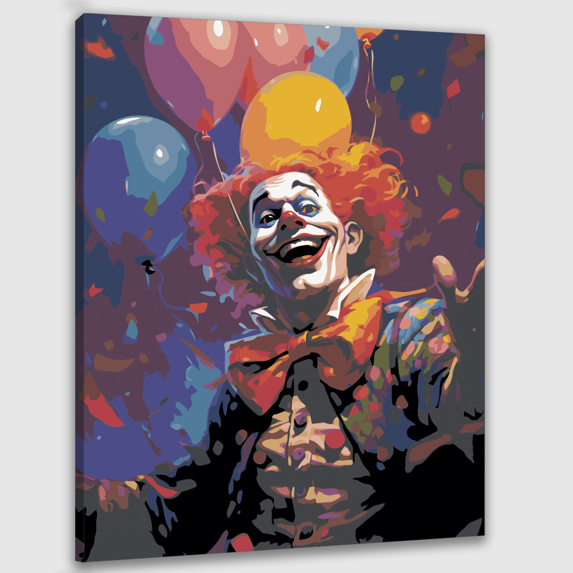 Картина по номерам 40x50 см, клоун, черты лица, игривое выражение, фон цирка, шары в воздухе, конфетти