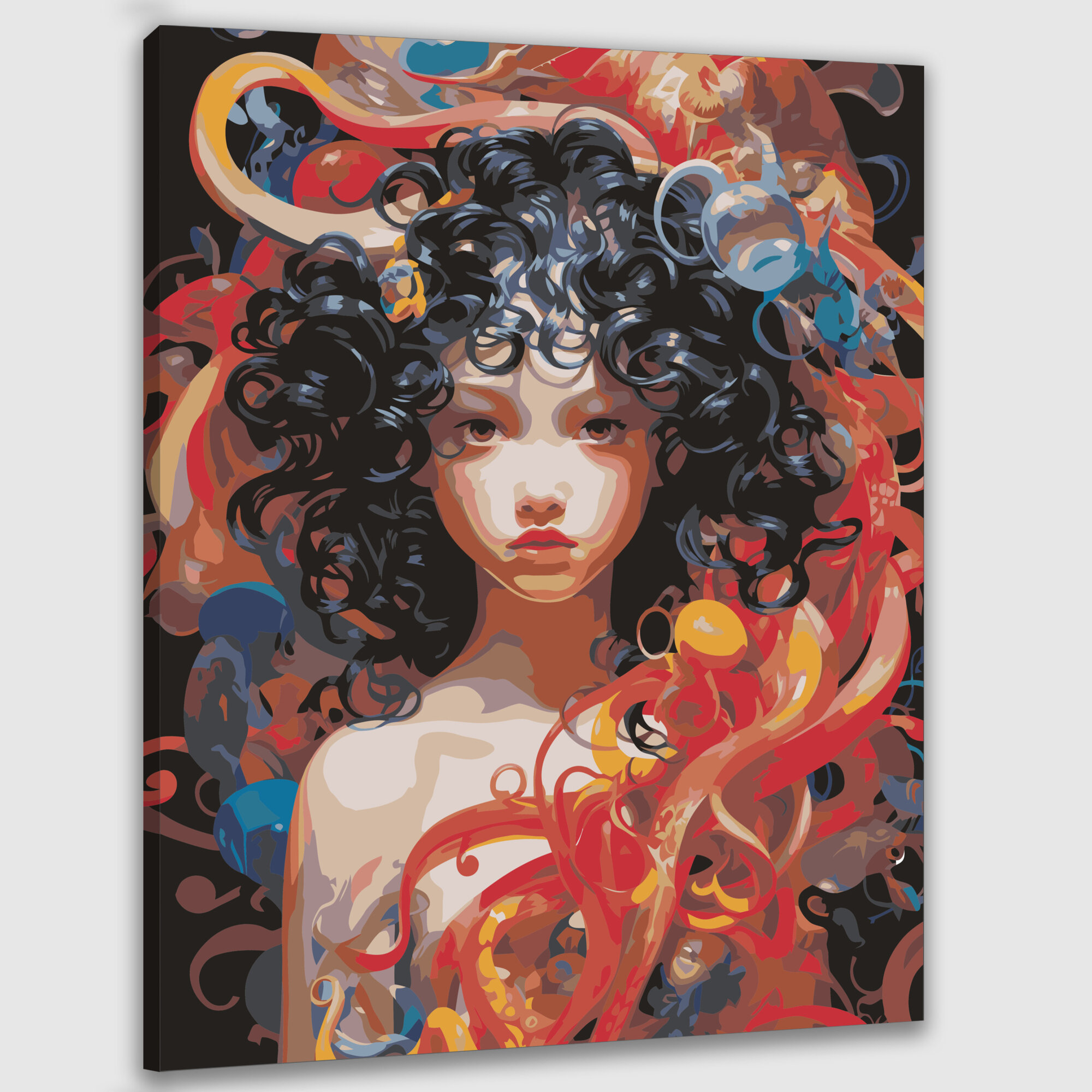 Картина по номерам 40x50 см, картина маслом, девушка, фарфоровая кожа, черные локоны, глаза, невинность, мудрость