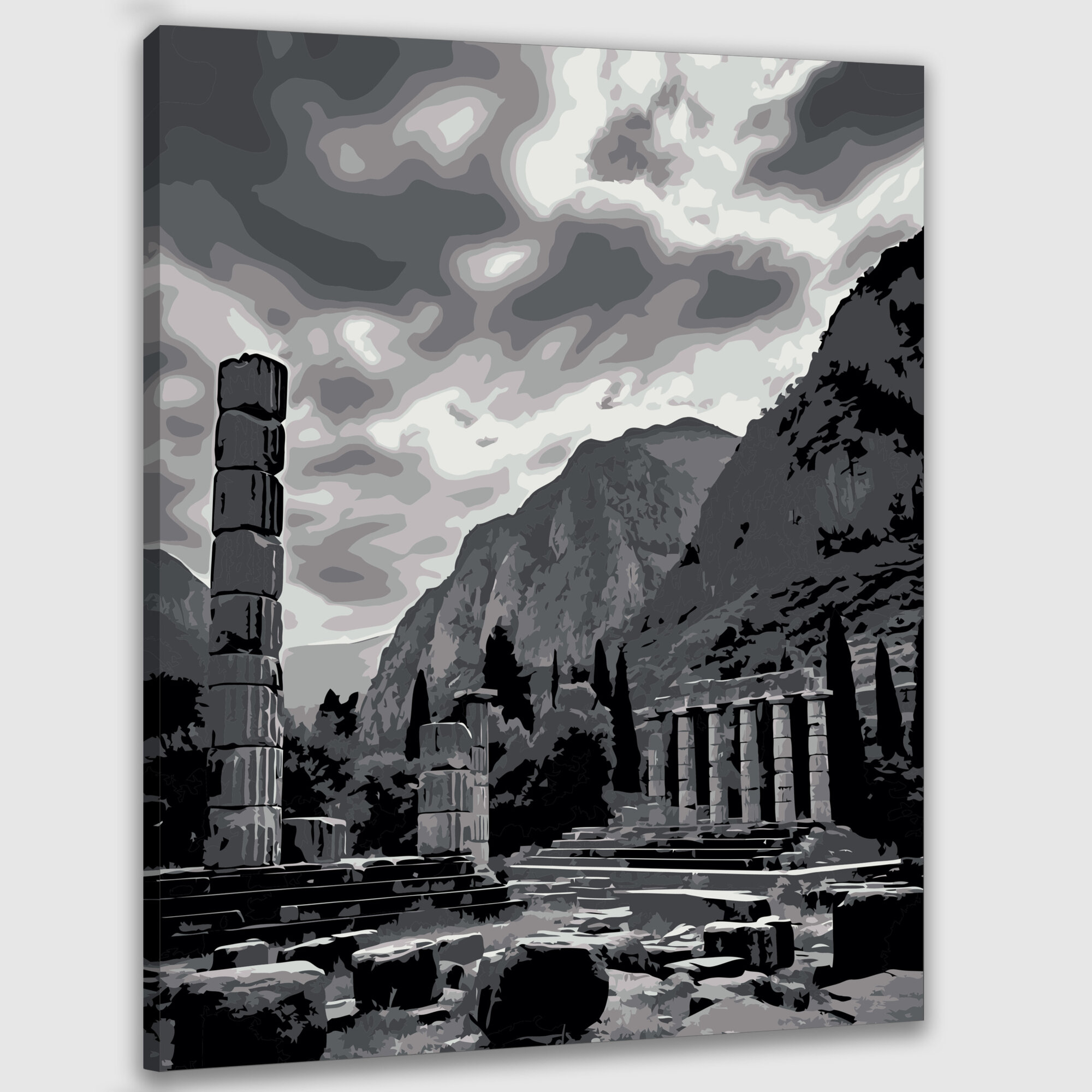 Картина по номерам 40x50 см, черно-белая фотография, храм Аполлона, Дельфы, облачное небо, монохромные тона