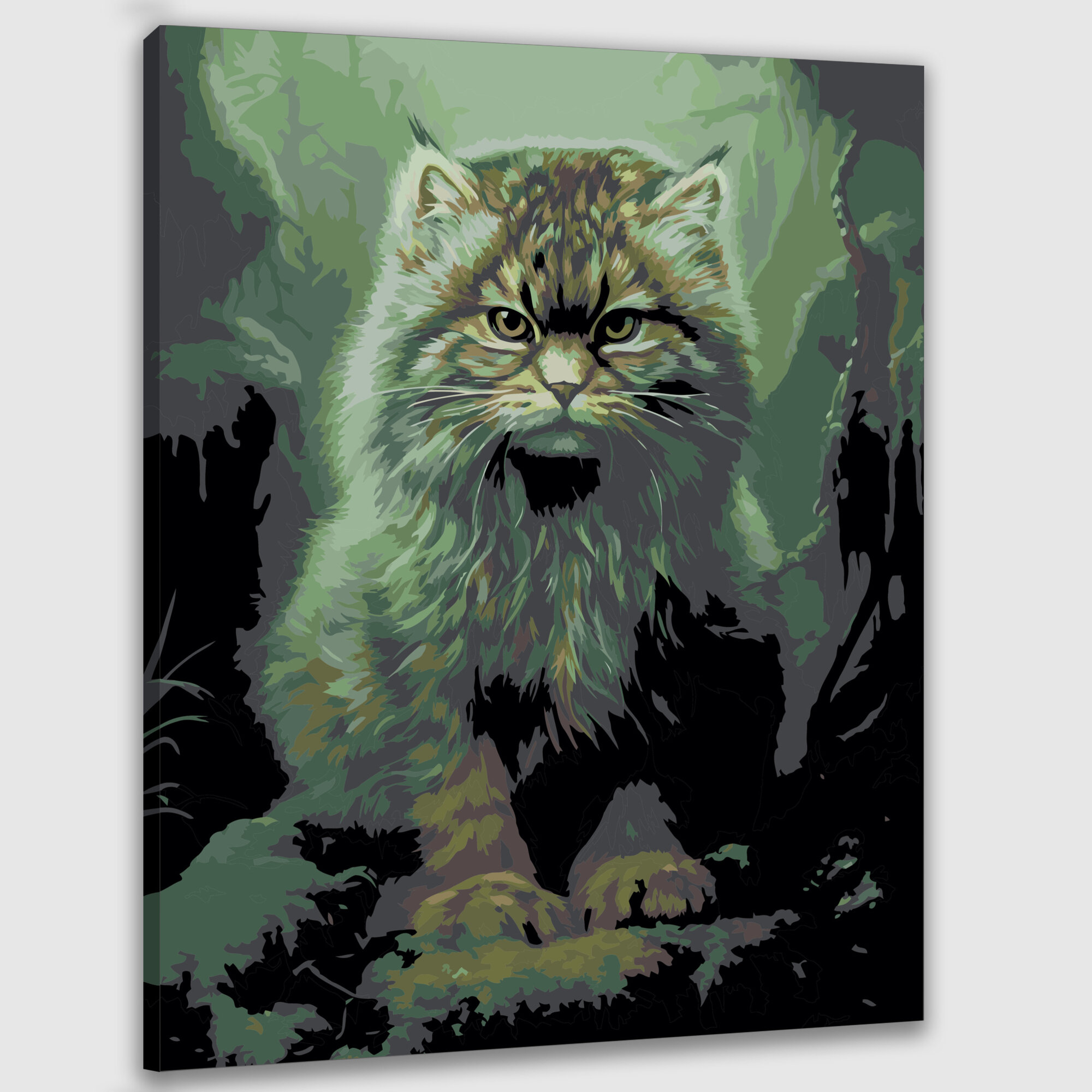 Картина по номерам 40x50 см, Манул, масляная картина, страж тайги, землистые тонам, царственная поза, ярко-зеленый мох