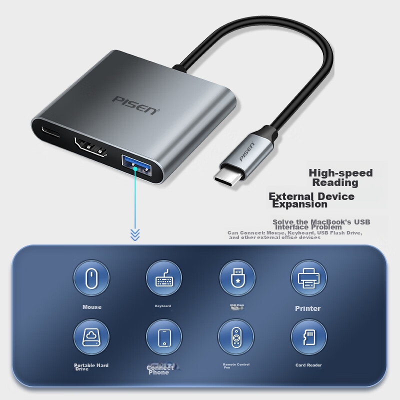 PISEN Type-C to HDMI Adapter, Live Streaming Converter, Apple Computer Laptop Expansion USB-C Dock, Splitter, PD Fast Charging, Huawei Xiaomi Screen Mirroring Projector Connector