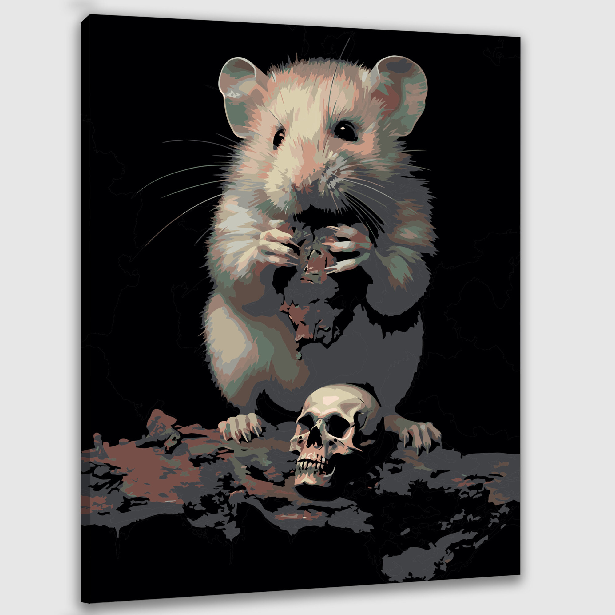 Картина по номерам 40x50 см, хомяк, крупный план, череп, детали, лапки, усики, контраст, обветренная текстура, кость