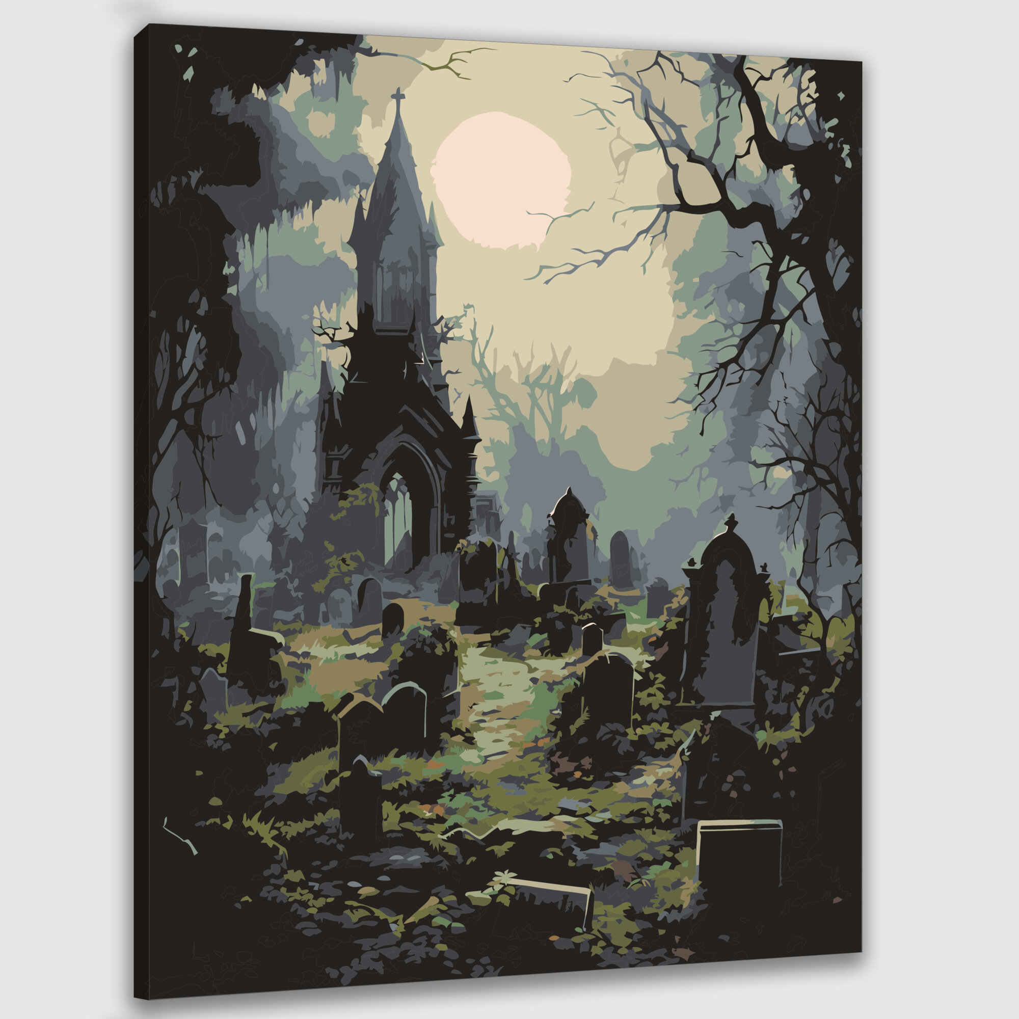 Картина по номерам 40x50 см, привидения, кладбище, надгробия, мох, плющ, туман, сияние, призрачные явления