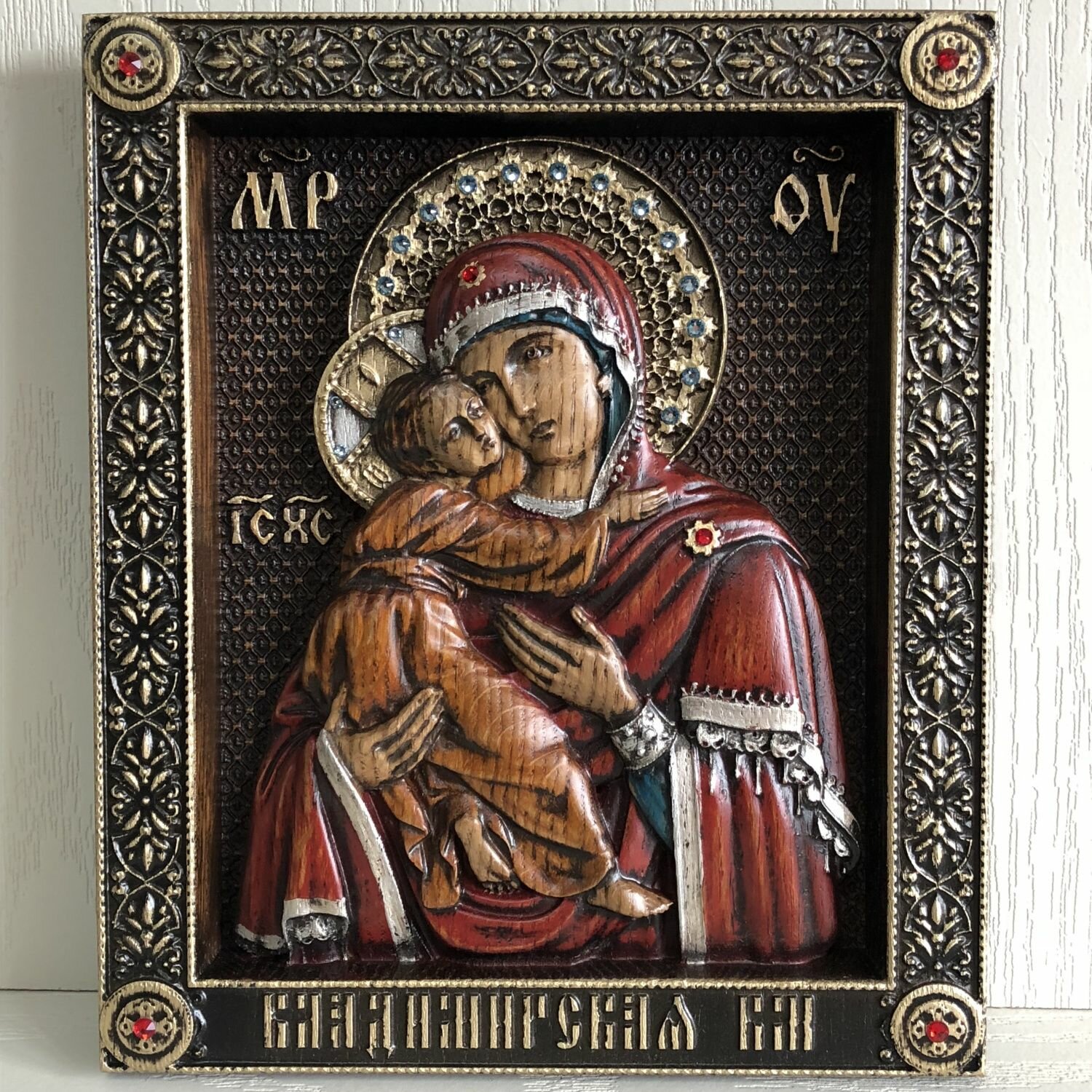 Икона Божией Матери Владимирская 15х12 см, деревянная резная икона, ручная работа