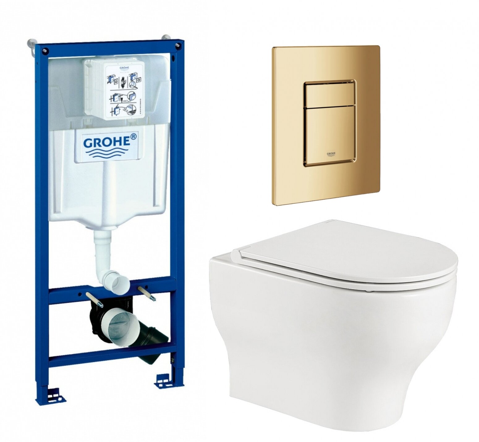 Комплект 3 в 1 инсталляция Grohe Rapid SL + Подвесной унитаз WeltWasser Erlenbach 004 GL-WT + кнопка холодный рассвет глянцевая