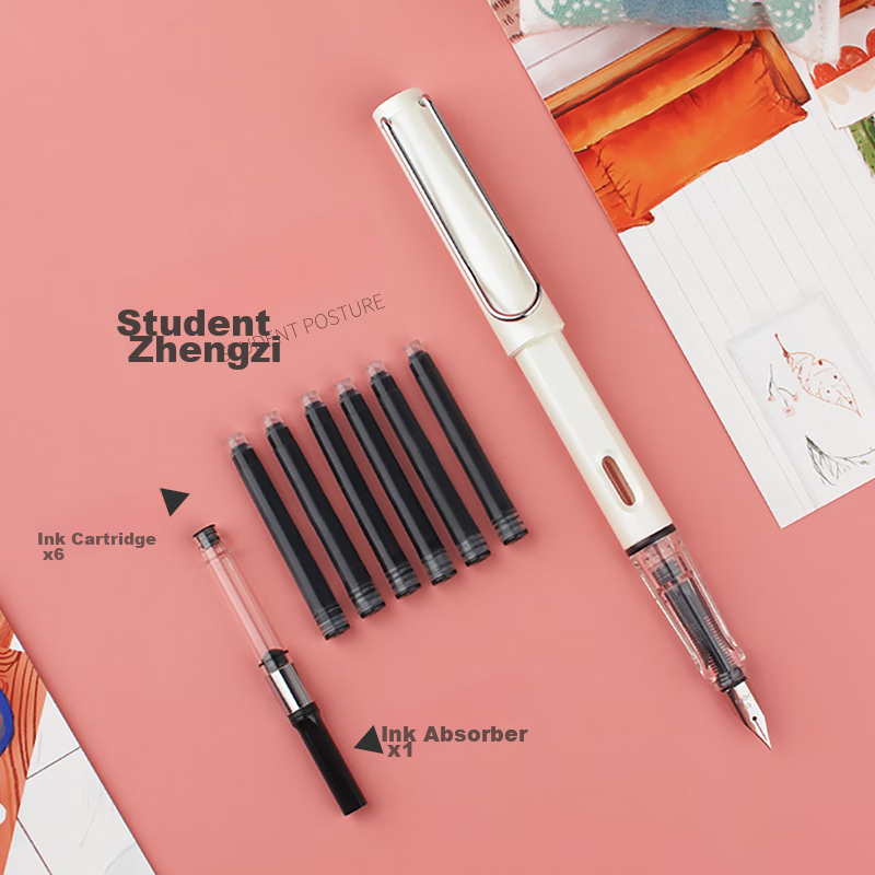 HERO Fountain Pen 359B Student Office Calligraphy Posture Correction Iridium Nib Fountain Pen (With 6 Extra Ink Cartridges) EF Nib Pearl White