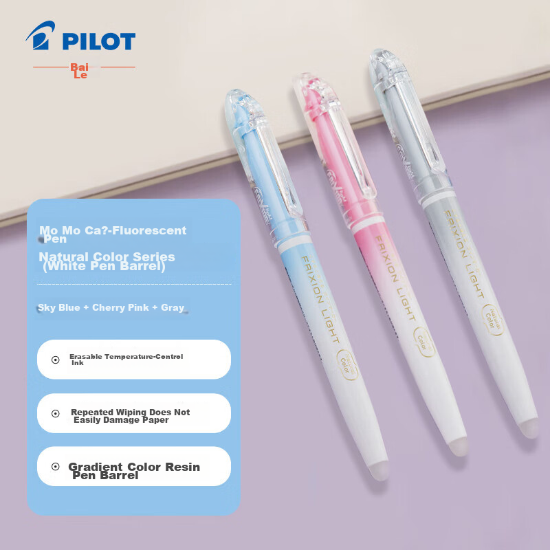 PILOT Erasable Highlighter, Natural Color Series, Color Frixion Marker, Highlighting Pen, SFL-10SL, Slanted Tip, White Barrel, Cherry Pink + Sky Blue + Gray, 3-Pack