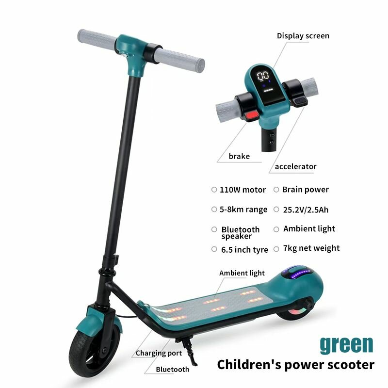 Электросамокат, для детей, 110Вт, 14км/ч, максимальная нагрузка 60кг, зеленый