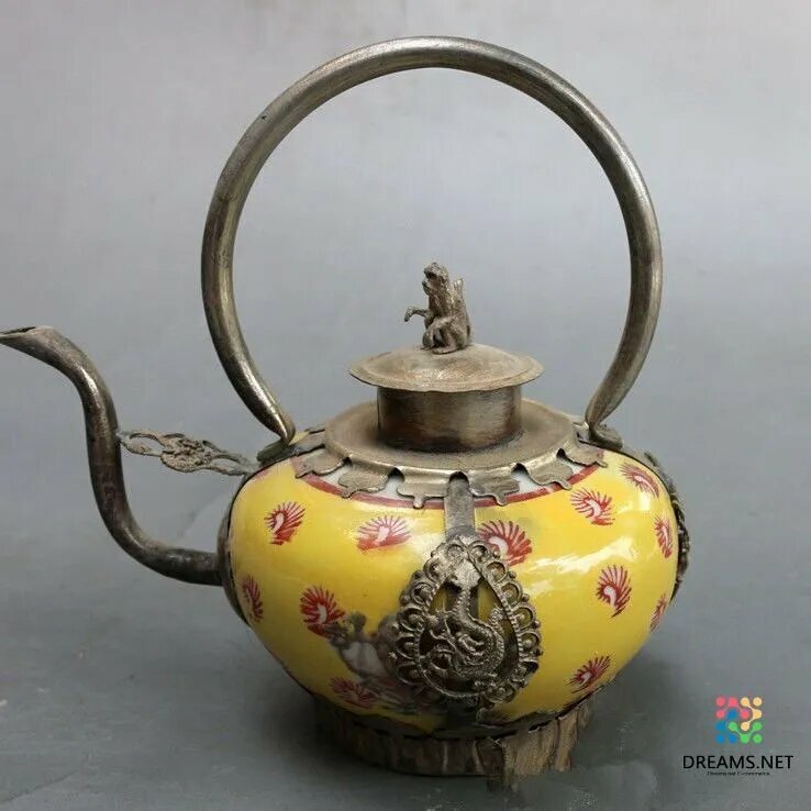 Заварочный чайник фарфоровый в тибетском стиле, фарфор, Жёлтый, Китай, винтаж