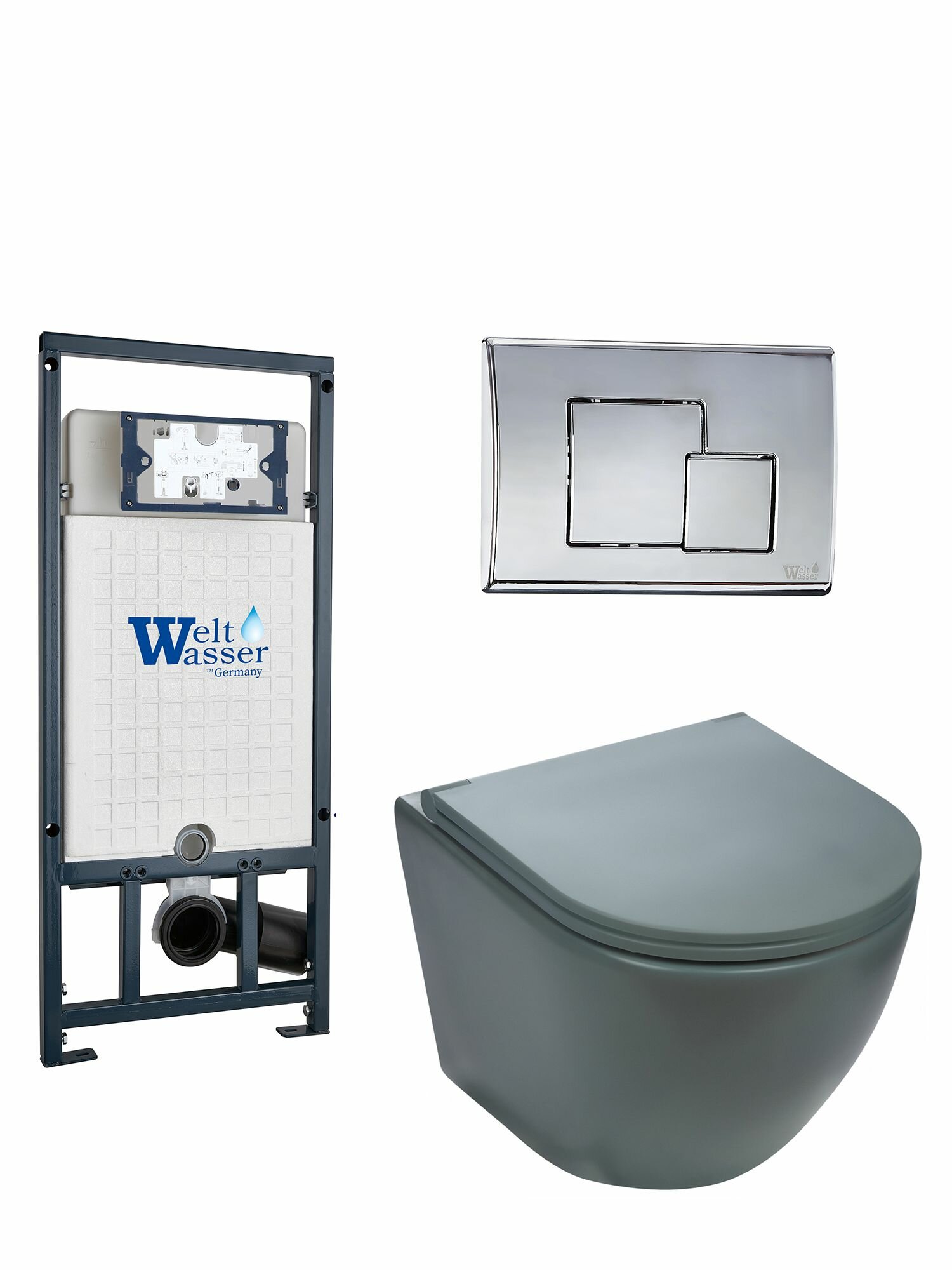 Комплект 6 в 1 WeltWasser: подвесной унитаз MERZBACH 043 MT-GR серый+кнопка смыва MAR 507 SE-CR хром+инсталляция MARBERG 507