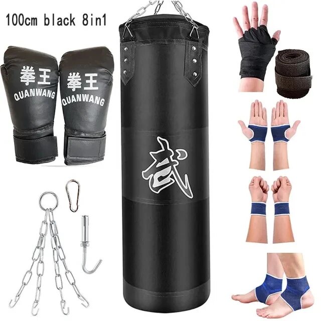 Профессиональный боксерский мешок с песком, красный/черный, 100/120 см Черный, 100cm Black Set2