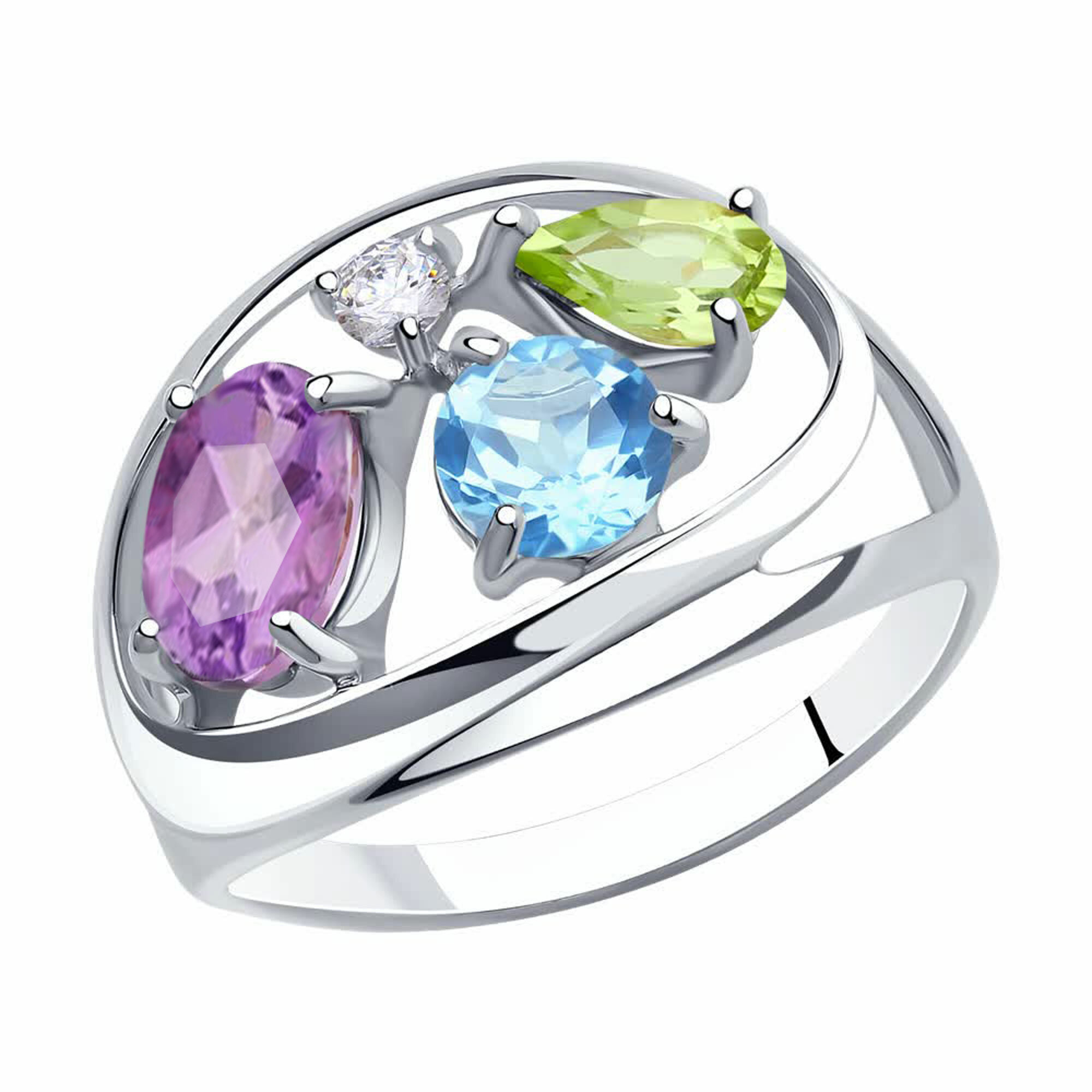Кольцо, серебро, 925 проба, родирование, аметист, топаз, хризолит, фианит