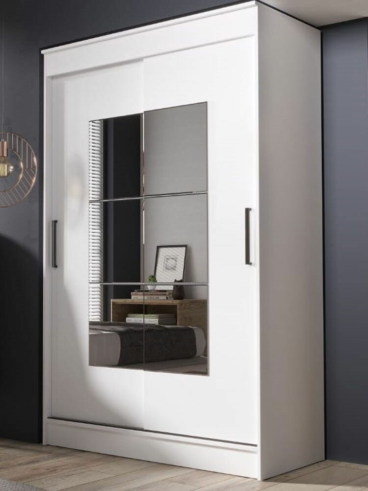 Шкаф-купе для одежды и хранения вещей Сонет 1 с зеркалом, с полками, со штангой, 126х59х200 см, Белый гладкий