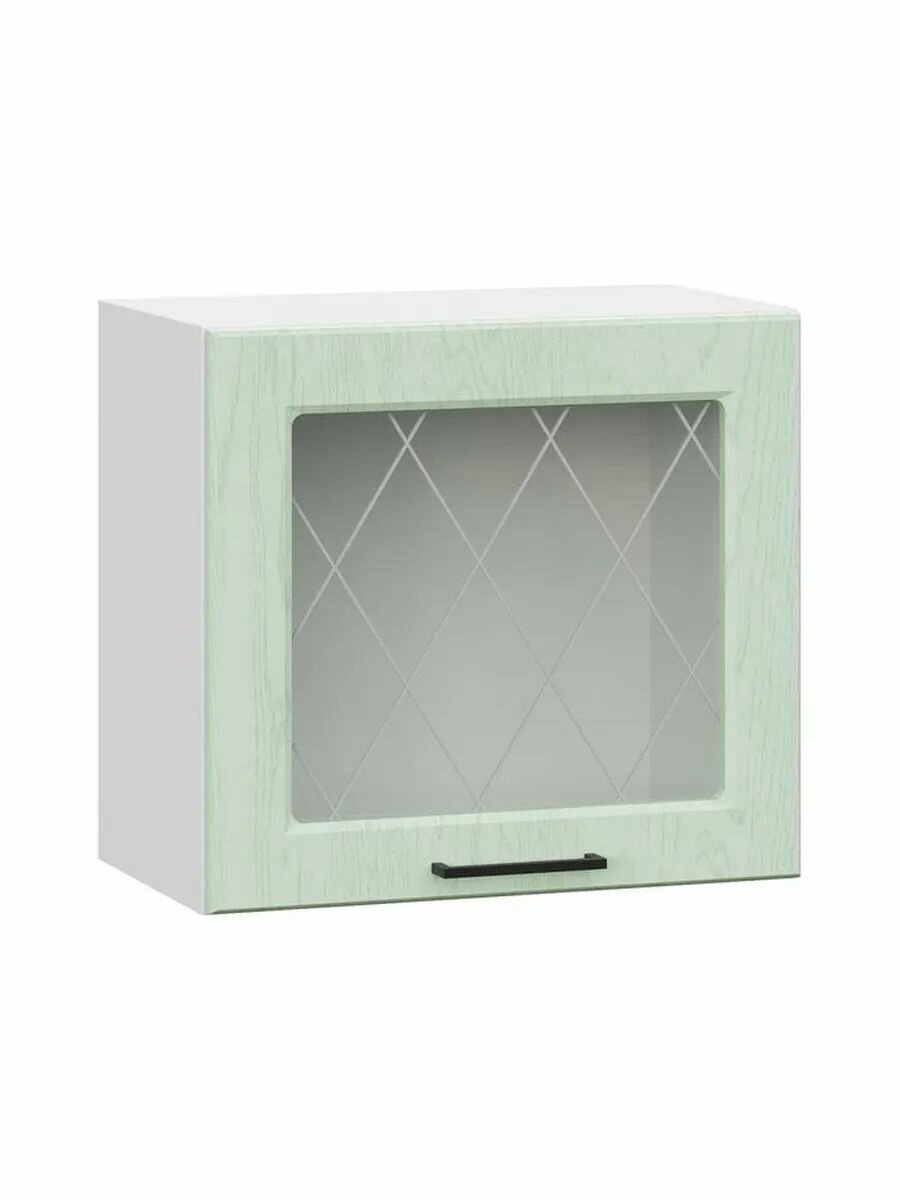 Кухонный модуль навесной, шкаф Шервуд с полками, 50х29,6х45 см, Белый / Шато мята со стеклом