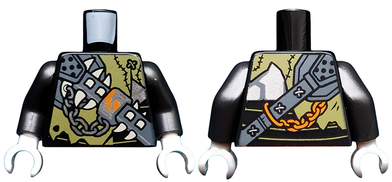 Torso Ninjago Spiked Weapon on Chain with Stitched Clothing Pattern / Pearl Dark Gray Arms / White Hands, 973pb3257c01 Black U
