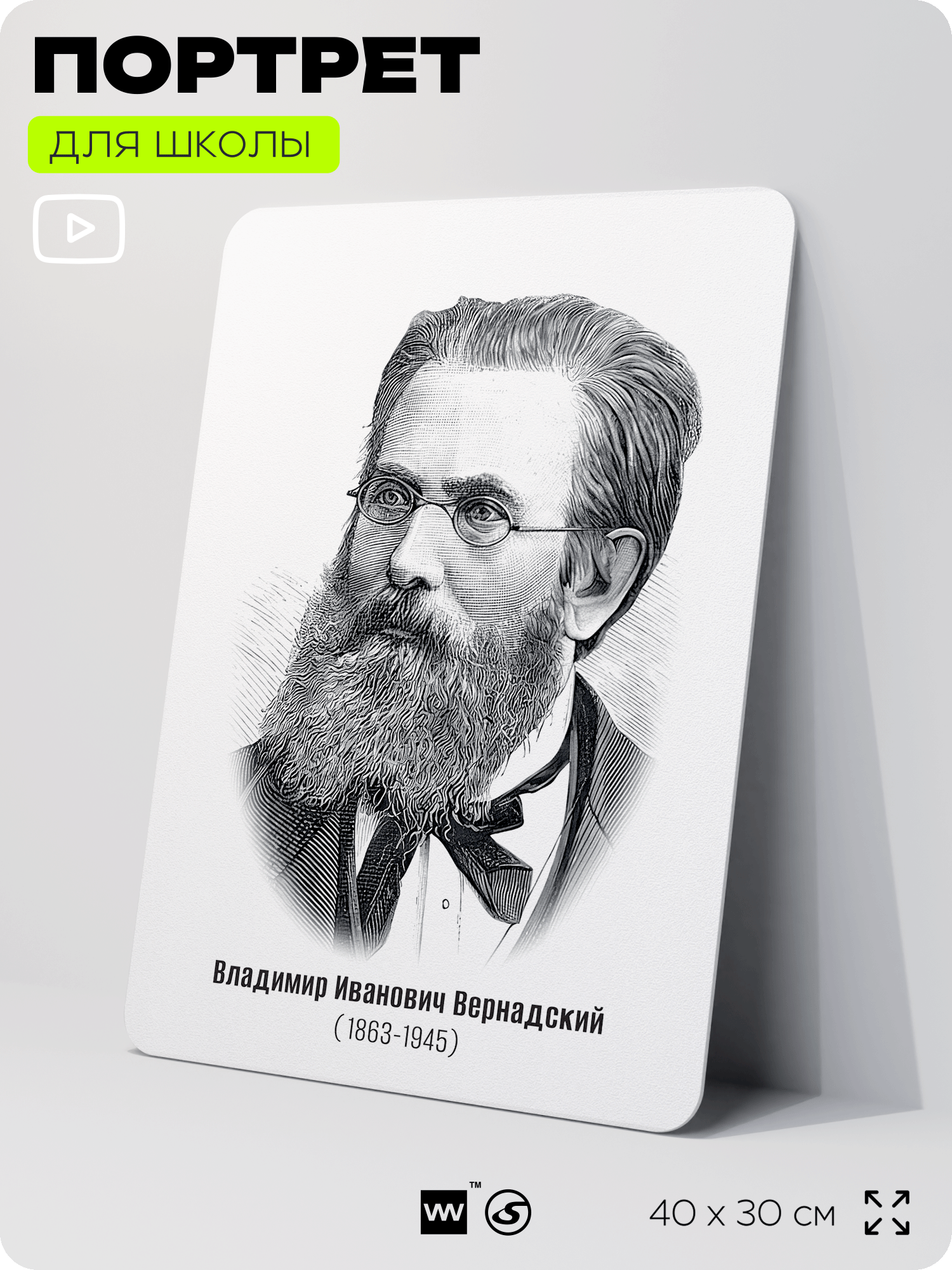 Портрет для школы в кабинет биологии "Владимир Иванович Вернадский", стенд школьный для класса, деятели науки для оформления классного уголка, 40х30 см, Silver Plane x Айдентика Технолоджи