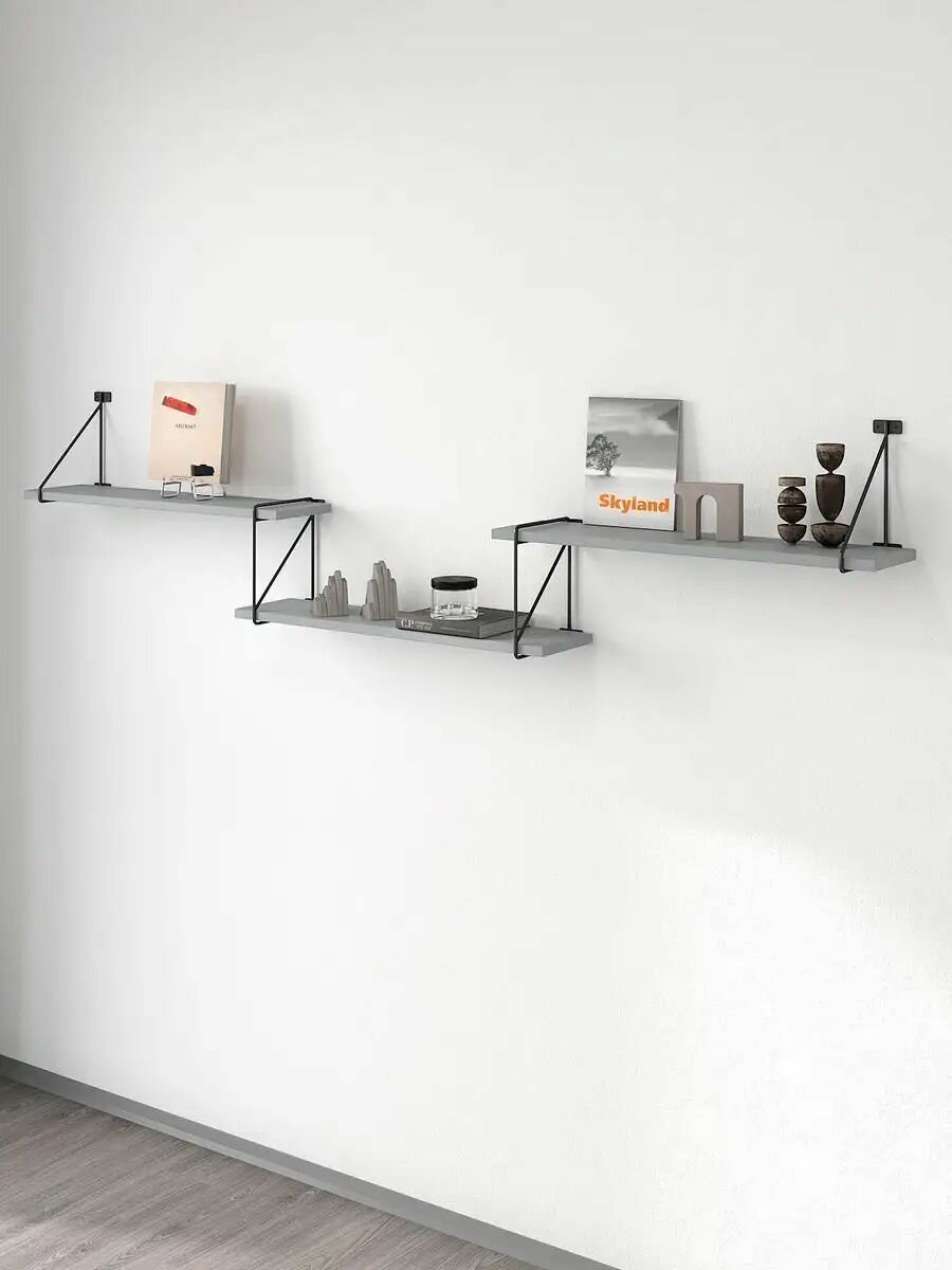 Навесная трехсекционная полка для книг COFFEE SH4-ROD/BAR, серый, 178х16х39