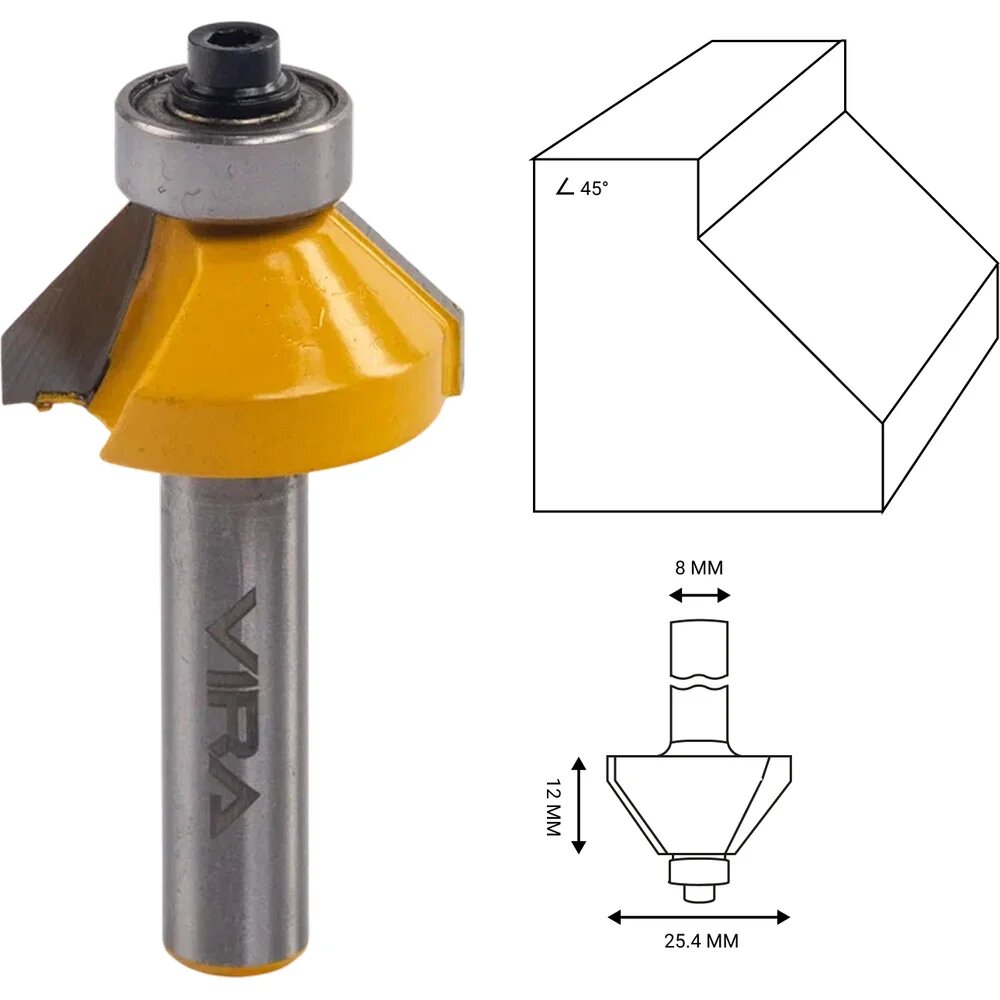 Фреза кромочная конусная 45 градусов (25.4x12 мм; подшипник 12.7 мм; хвостовик 8 мм) VIRA 553361