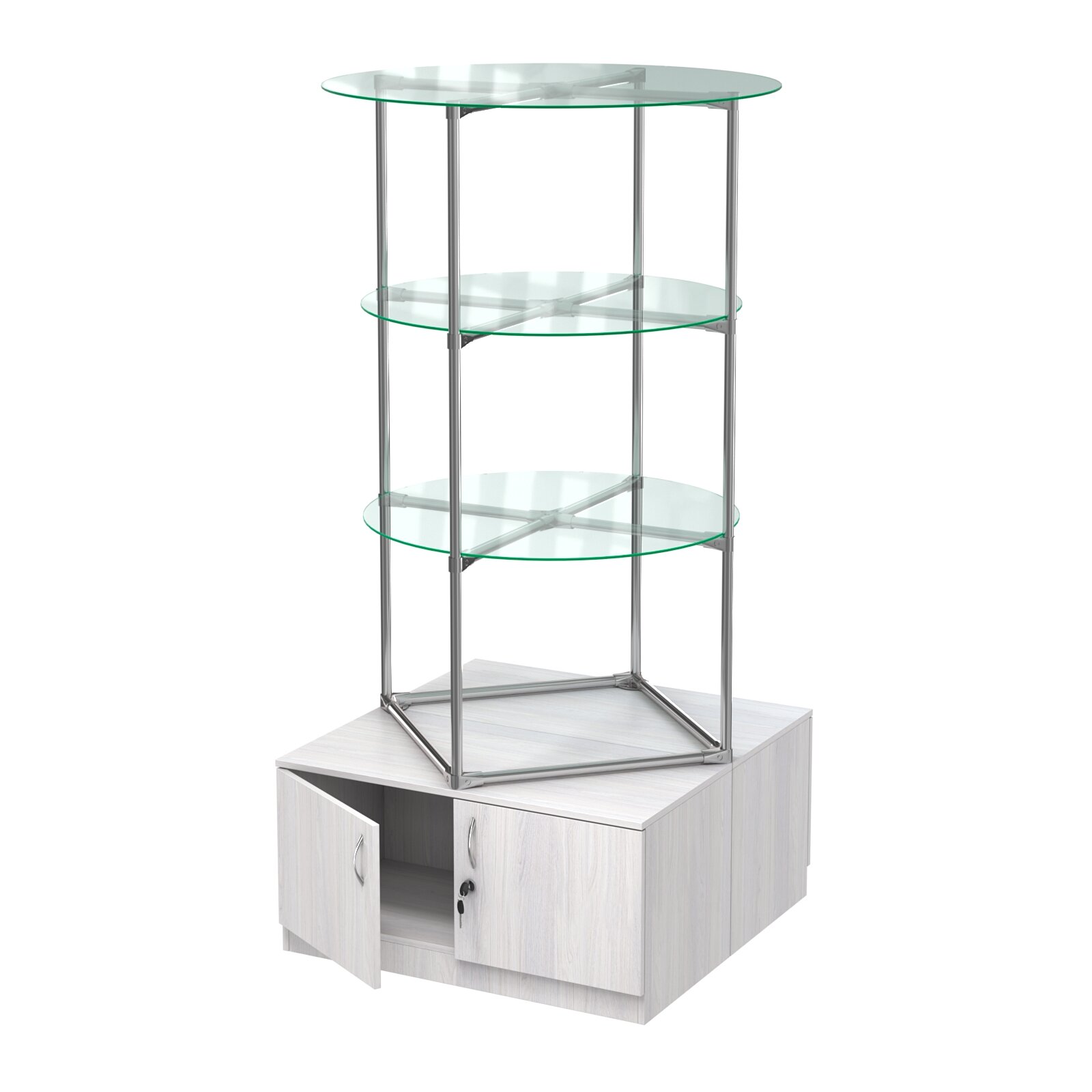 Торговые стенды сфера с полками и тумбами №1 (с двумя стеклянными полками 6мм), Ясень Анкор светлый