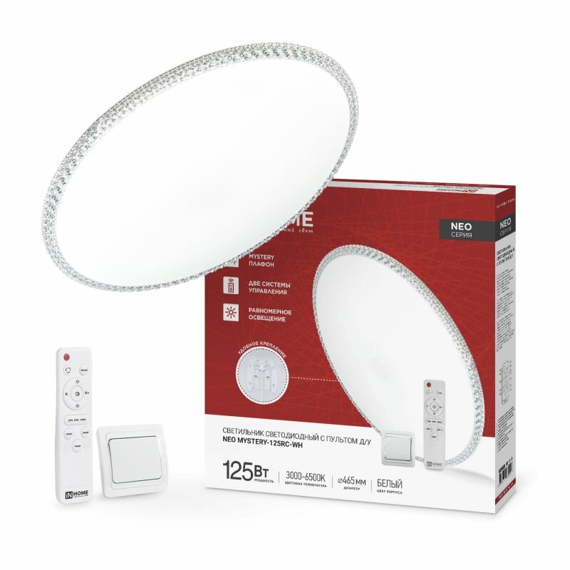 Светильник сд NEO MYSTERY-125RC-WH 125Вт 230В 3000-6500K 10000Лм 460x67мм с пультом ДУ белый IN HOME