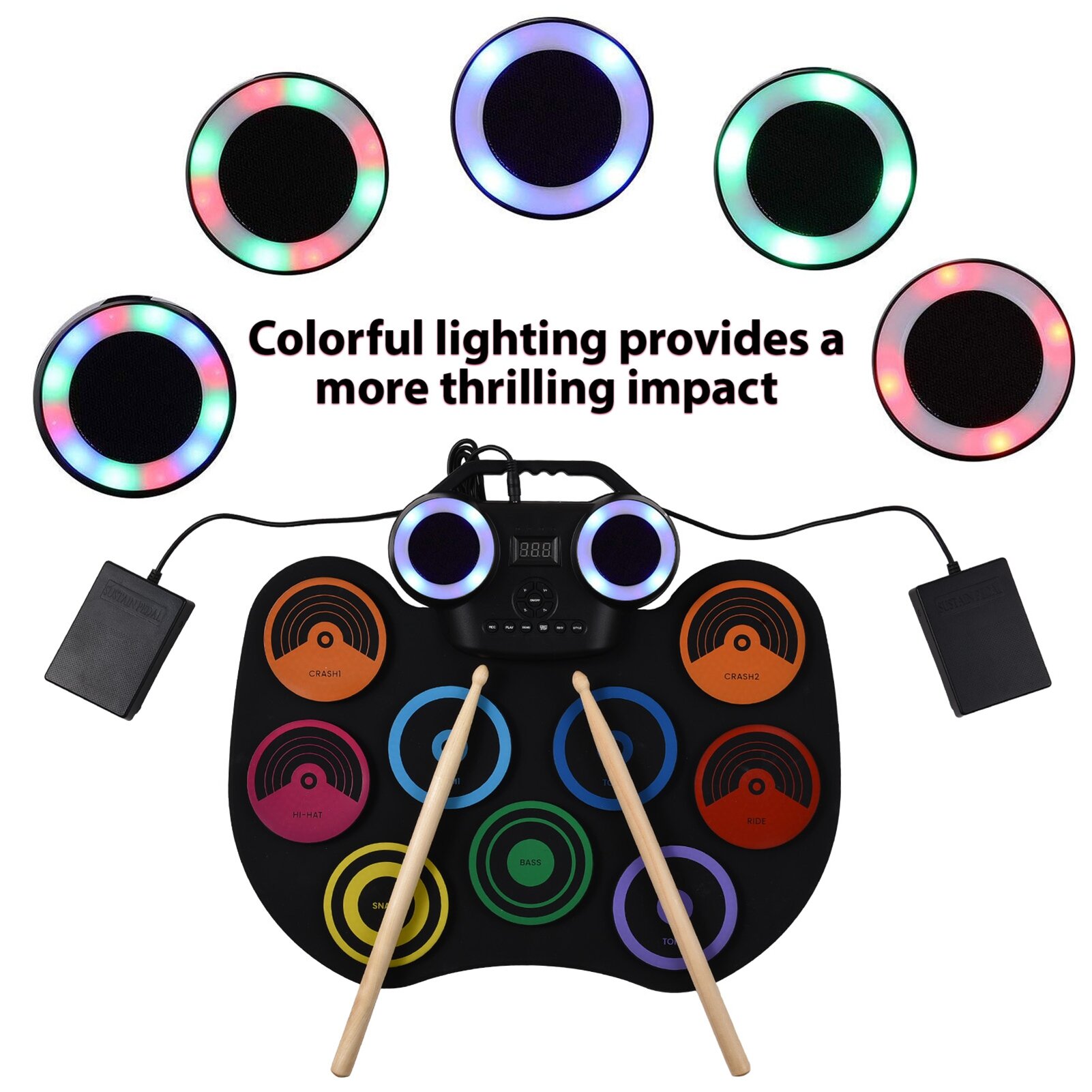 Электроударная установка, портативный комплект барабанных пэдов, 9 пэдов, встроенный динамик, светодиодный дисплей, экран мониторинга с цветной подсветкой, 2 барабанные палочки, 2 педали, музыкальный инструмент с питанием от USB или батареек