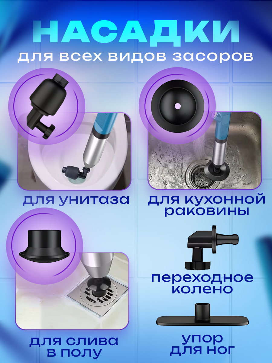 Вантуз вакуумный пневматический для унитаза, раковины, ванны / насос для прочистки труб и сантехники