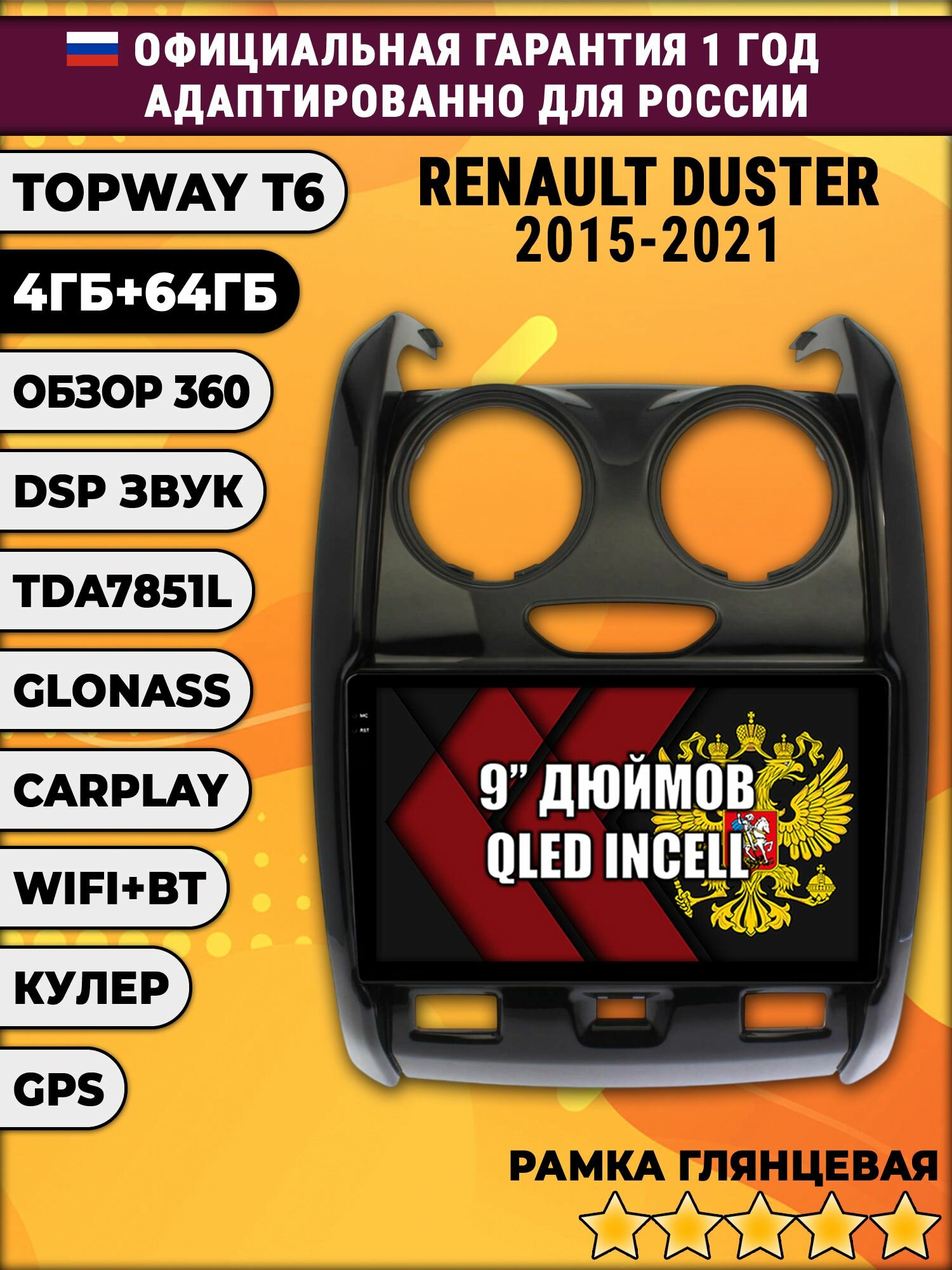 4гб+64гб с DSP для RENAULT DUSTER (2015-2021) Рено дастер, Android магнитола, без слота под симку, усилитель звука TDA7851 и поддержка 360 камер