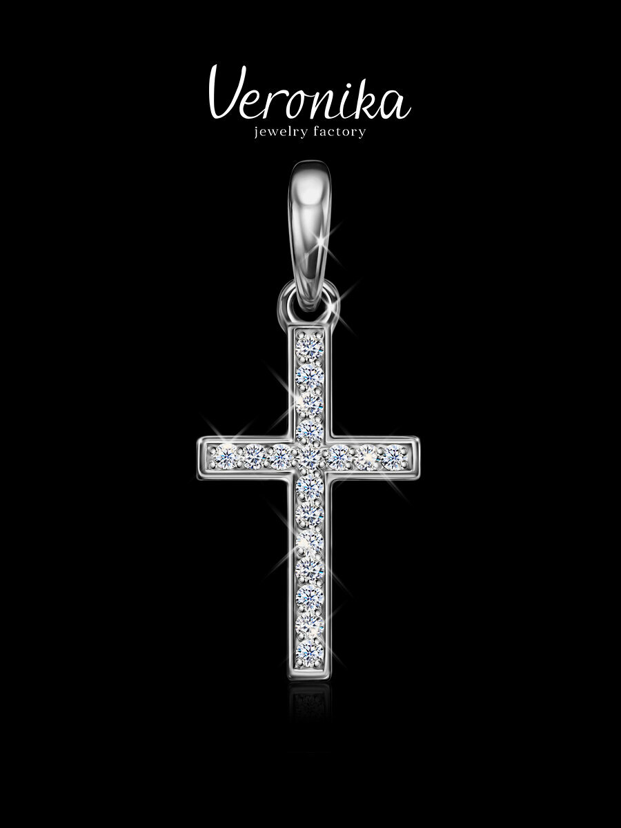 Крестик, серебро, 925 проба, родирование, фианит