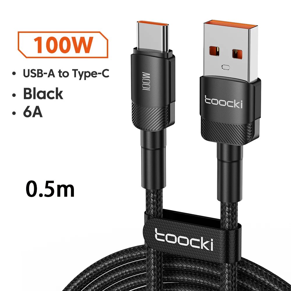 Toocki 6A USB-кабель типа C для Huawei Xiaomi PD 100 Вт, зарядное устройство для HY A-C 0.5m Black