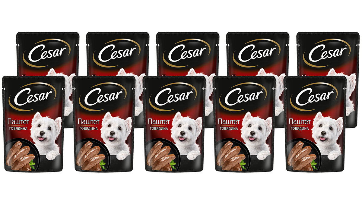 Влажный корм Cesar для взрослых собак маленьких пород паштет с говядиной пауч, 80 гр х 10 шт