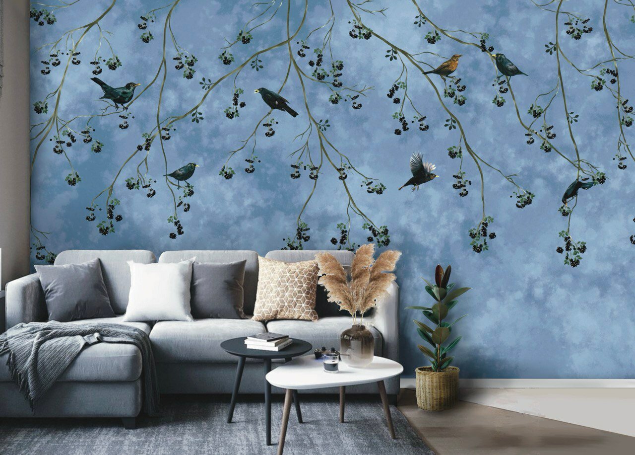 Обои бесшовные "Черные дрозды" небесно-голубой (ширина 2550мм х длина 5000мм)