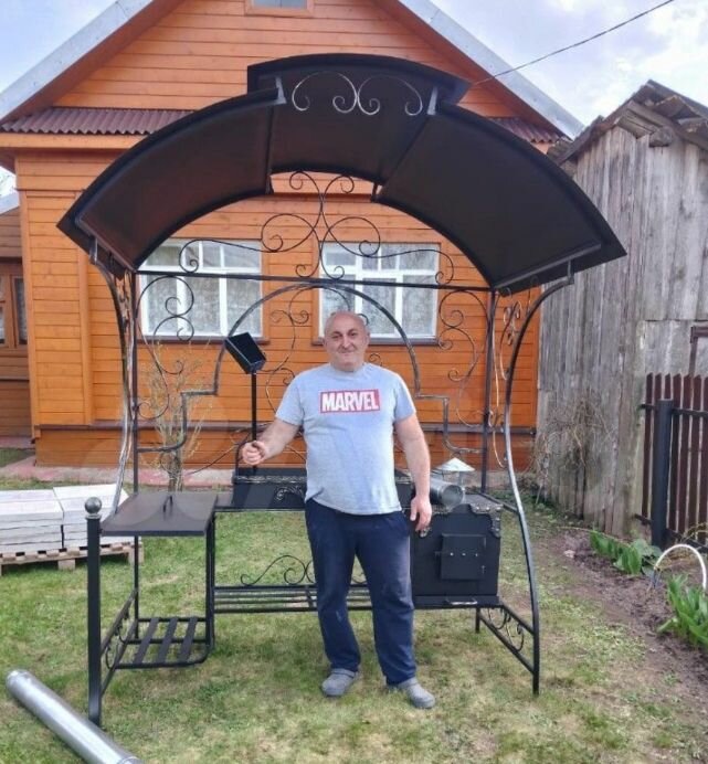 Мангал с крышей и печкой под казан, мангальная зона для дачи со столом и печью, уличная летняя кухня с мангалом
