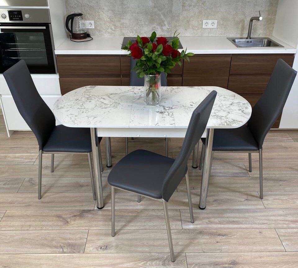 Обеденная группа стол кухонный со стульями NGVK Овал Белый мрамор и 3 стула Омега цвет Черный