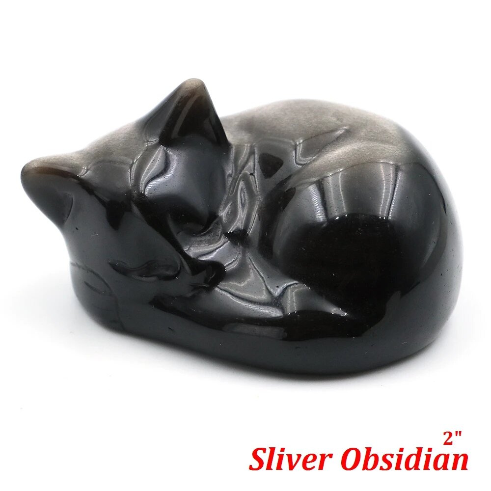 50 мм новая статуя кота для сна, ручная резьба, украшение из натурального камня, ручная работа, драгоценный камень, художественная фигурка, целебный кристалл, домашний декор, подарок, Sliver Obsidian, 1 pc