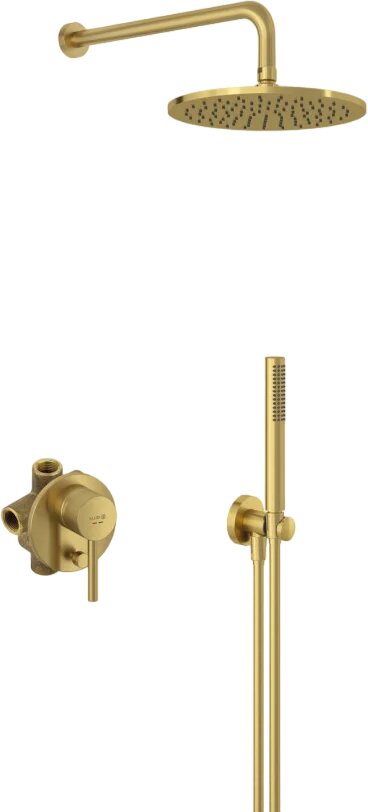 Душевой комплект Kludi Bozz 38736N076 4 в 1, встраиваемый, с внутренней частью в комплекте, со смесителем, с тропическим душем, латунный, золотой, матовый, душевая система