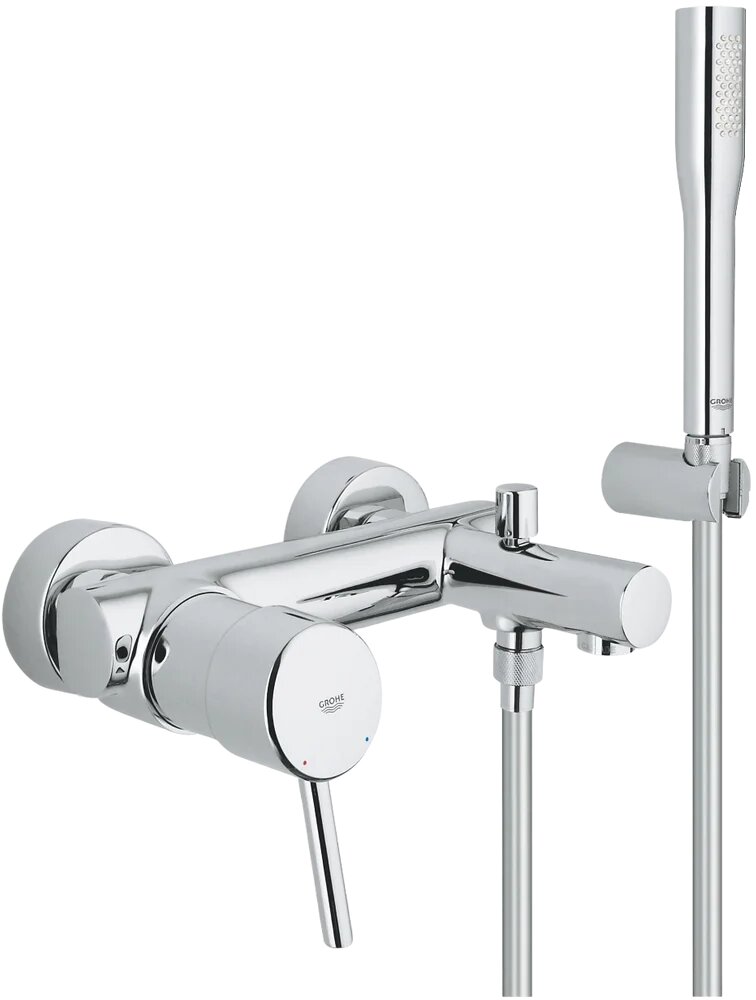 Смеситель для ванны с душем Grohe Concetto 32212001 с душевым гарнитуром, настенный, однорычажный, хром, глянцевый, латунный, с керамическим картриджем